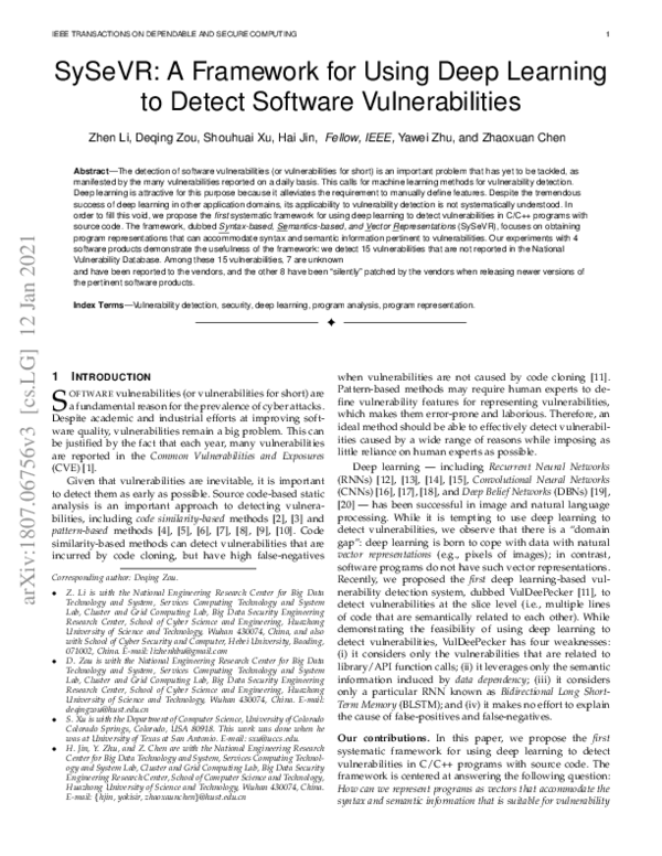 Pdf Sysevr A Framework For Using Deep Learning To Detect Software Vulnerabilities Shouhuai 0999