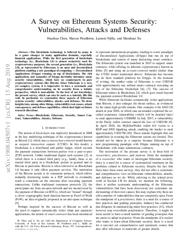 (PDF) A Survey on Ethereum Systems Security: Vulnerabilities, Attacks ...