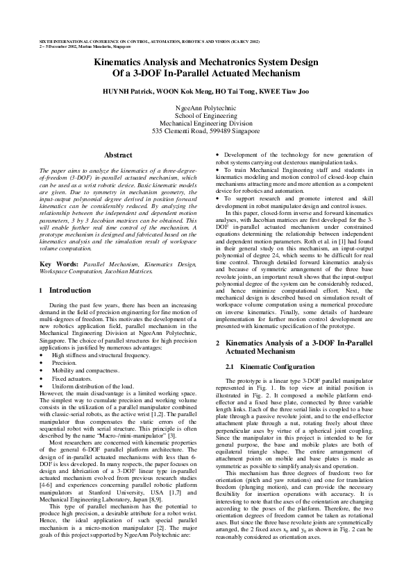 (PDF) Kinematics analysis and mechatronics system design of a 3-DOF in-parallel actuated mechanism