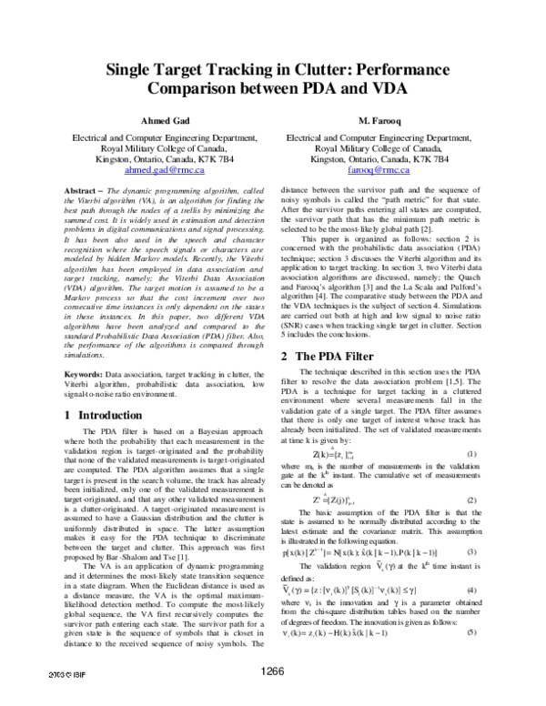 Pdf Single Target Tracking In Clutter Performance Comparison Between