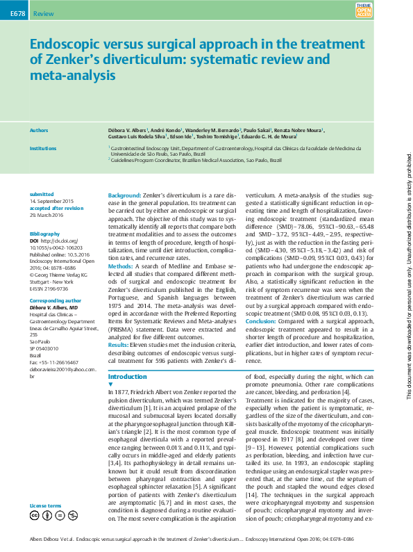 (PDF) Endoscopic versus surgical approach in the treatment of Zenker’s ...
