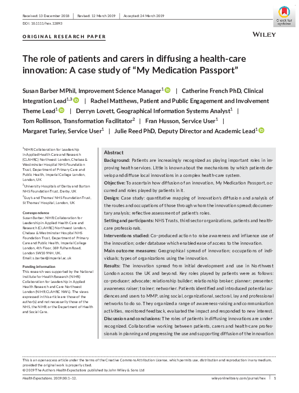 (PDF) The role of patients and carers in diffusing a health‐care ...