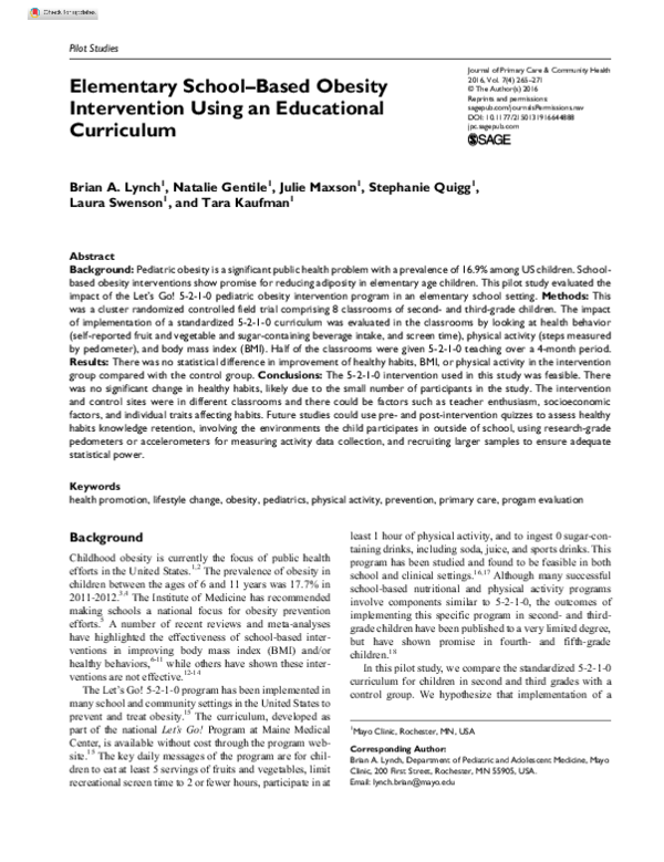 (PDF) Elementary School-Based Obesity Intervention Using an Educational ...