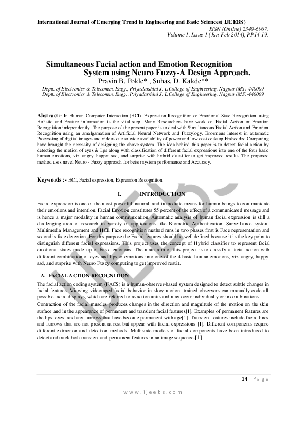 (PDF) Simultaneous Facial action and Emotion Recognition System using Neuro Fuzzy-A Design ...