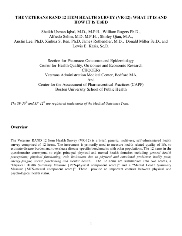 (PDF) The Veterans Rand 12 Item Health Survey ( VR-12 ) : What It is ...