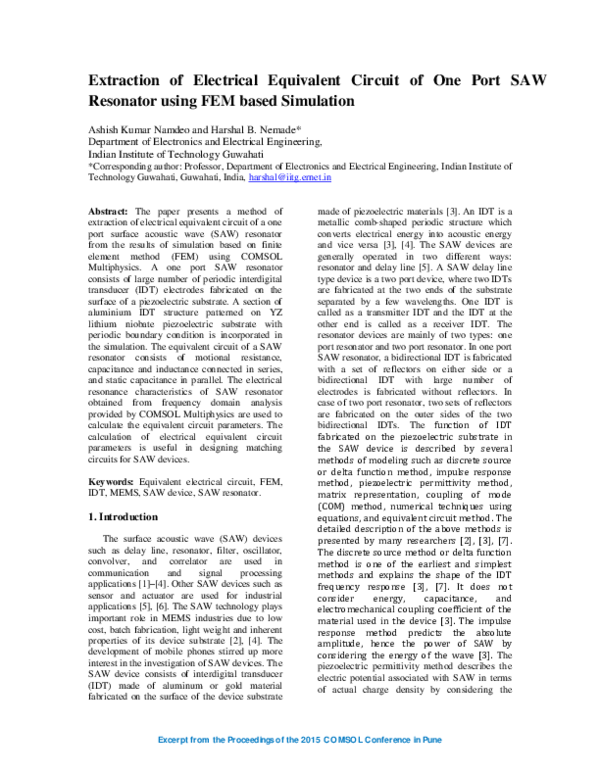 Pdf Extraction Of Electrical Equivalent Circuit Of One Port Saw Resonator Using Fem Based