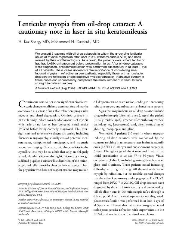 (PDF) Lenticular myopia from oil-drop cataract