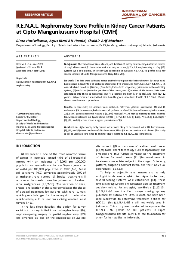(PDF) R.E.N.A.L. Nephrometry Score Profile of Kidney Cancer Patients in ...