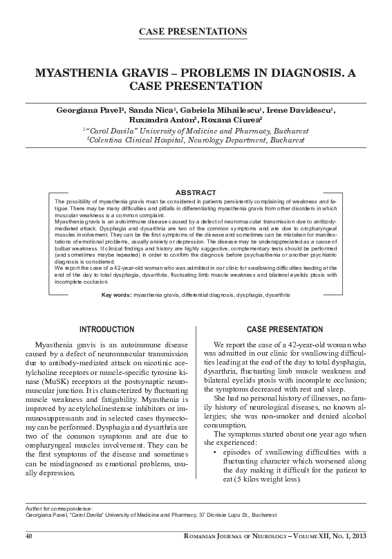(PDF) Myasthenia Gravis – Problems in Diagnosis. A Case Presentation
