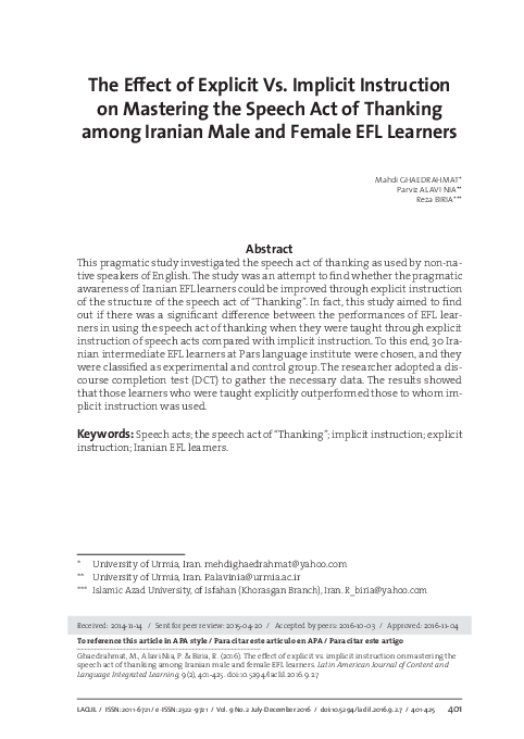 (PDF) The Effect of Explicit Vs . Implicit Instruction on Mastering the Speech Act of Thanking ...