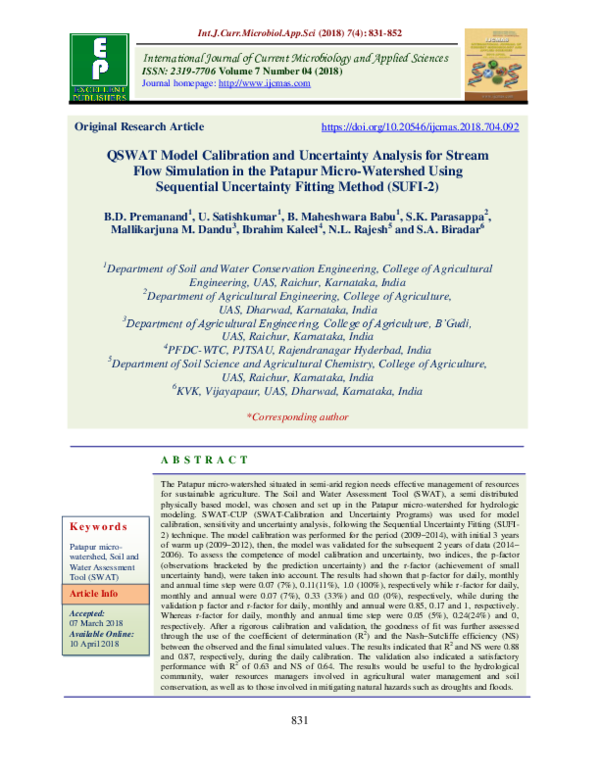 (PDF) QSWAT Model Calibration and Uncertainty Analysis for Stream Flow Simulation in the Patapur ...