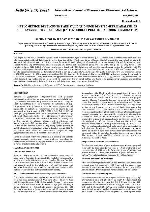 (PDF) HPTLC Method Development and Validation for Densitometric Analysis of 18Β-GLYCYRRHETINIC ...