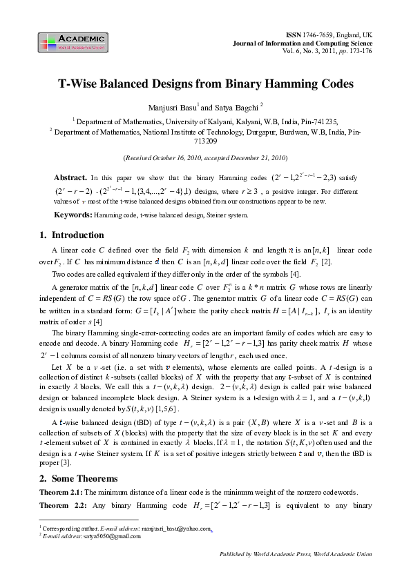 (PDF) T-Wise Balanced Designs from Binary Hamming Codes