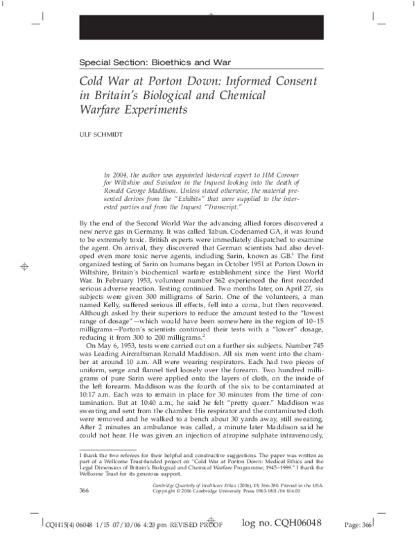 (PDF) Cold War at Porton Down: Informed Consent in Britain's Biological ...