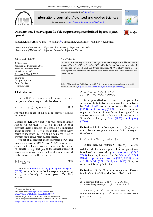Pdf On Some New I Convergent Double Sequence Spaces Defined By A Compact Operator Ayhan Esi
