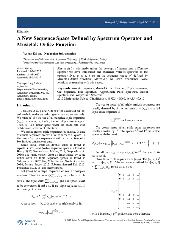 (PDF) A New Sequence Space Defined by Spectrum Operator and Musielak-Orlicz Function