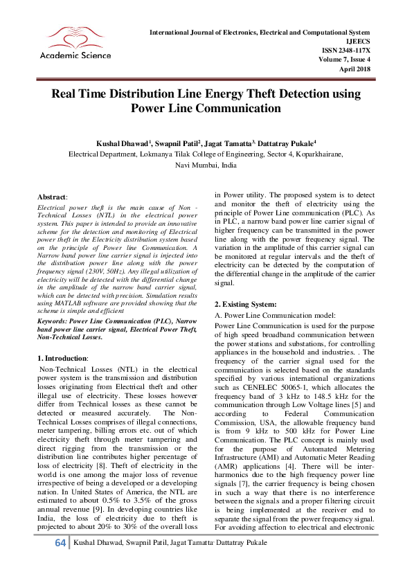 (PDF) 64 Kushal Dhawad, Swapnil Patil, Jagat Tamatta Real Time Distribution Line Energy Theft ...