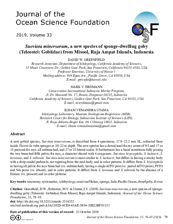 (PDF) Sueviota minersorum, a new species of sponge-dwelling goby ...