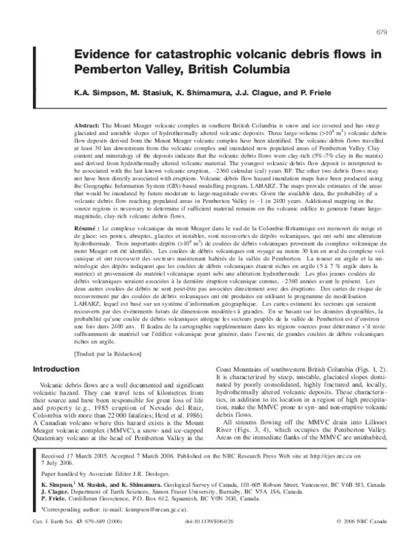 (PDF) Evidence for catastrophic volcanic debris flows in Pemberton ...