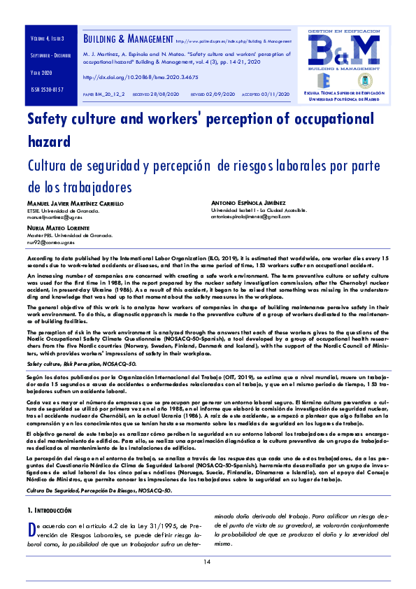 (PDF) Safety culture and workers' perception of occupational hazard ...