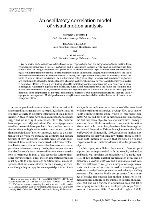 (PDF) An oscillatory correlation model of visual motion analysis