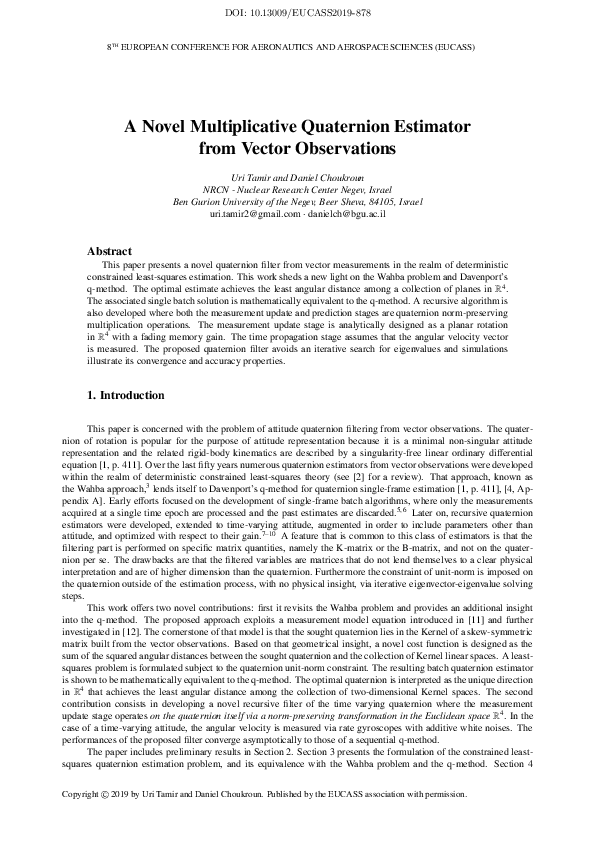 (PDF) A Novel Multiplicative Quaternion Estimator from Vector Observation