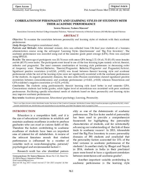(PDF) Correlation of Personality and Learning Styles of Students with ...