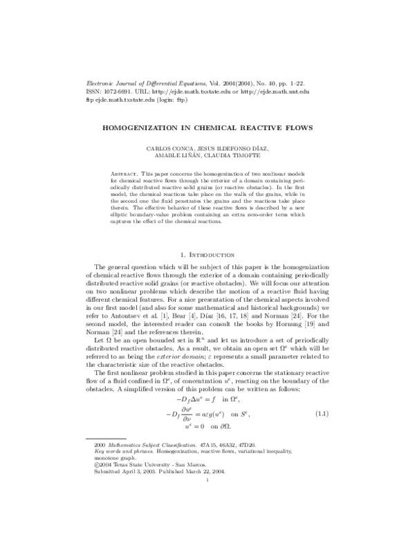 (PDF) Homogenization in chemical reactive flows | Claudia Timofte ...