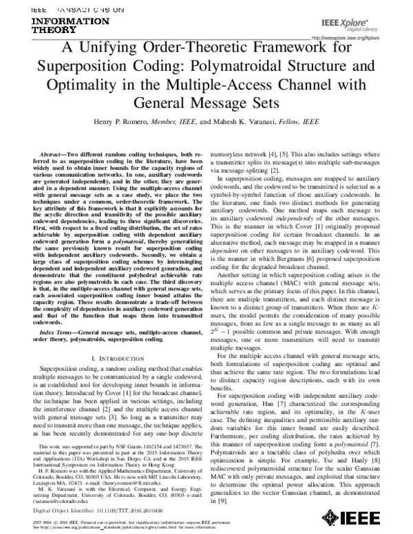 (PDF) A Unifying Order-Theoretic Framework for Superposition Coding: Polymatroidal Structure and ...
