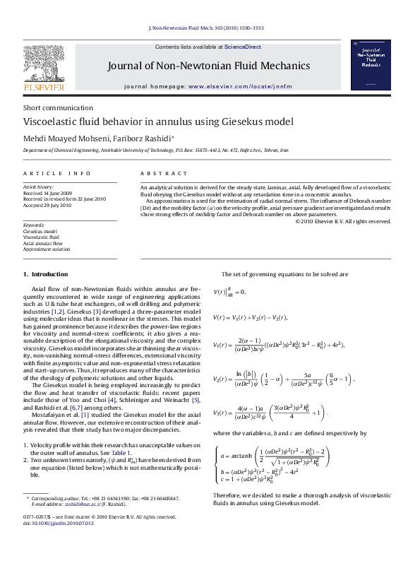 (PDF) Giesekus Model for Viscoelastic Flow in Annulus
