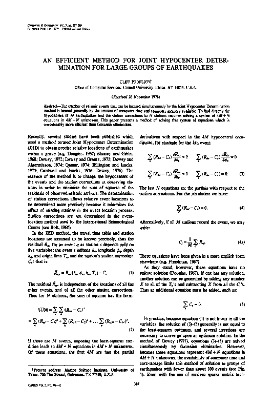 Pdf An Efficient Method For Joint Hypocenter Determination For Large Groups Of Earthquakes