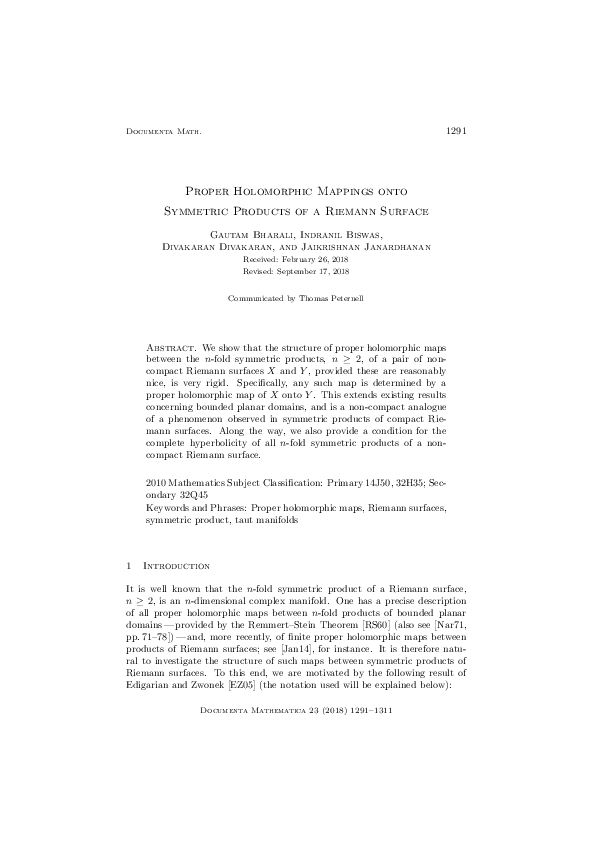(PDF) Proper Holomorphic Mappings onto Symmetric Products of a Riemann Surface
