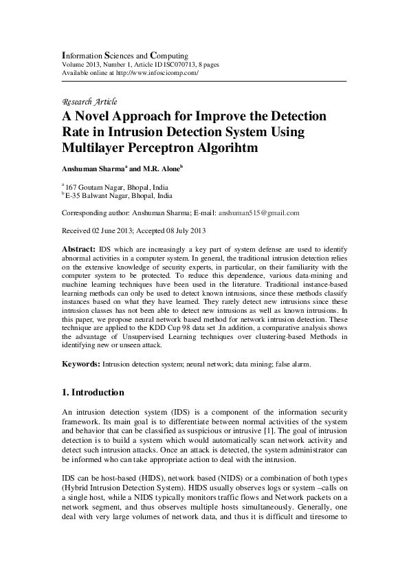 Pdf A Novel Approach For Improve The Detection Rate In Intrusion Detection System Using 