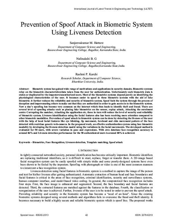 Pdf Prevention Of Spoof Attack In Biometric System Using Liveness Detection
