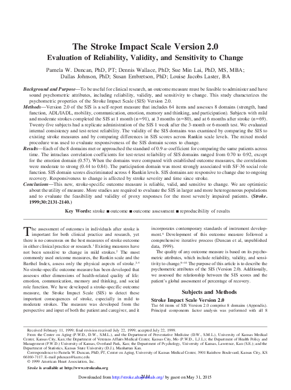 (PDF) The Stroke Impact Scale version 2.0: evaluation of reliability ...