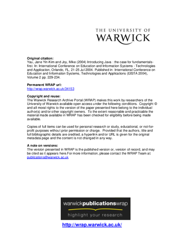 (PDF) Introducing Java: A case for fundamentals-first