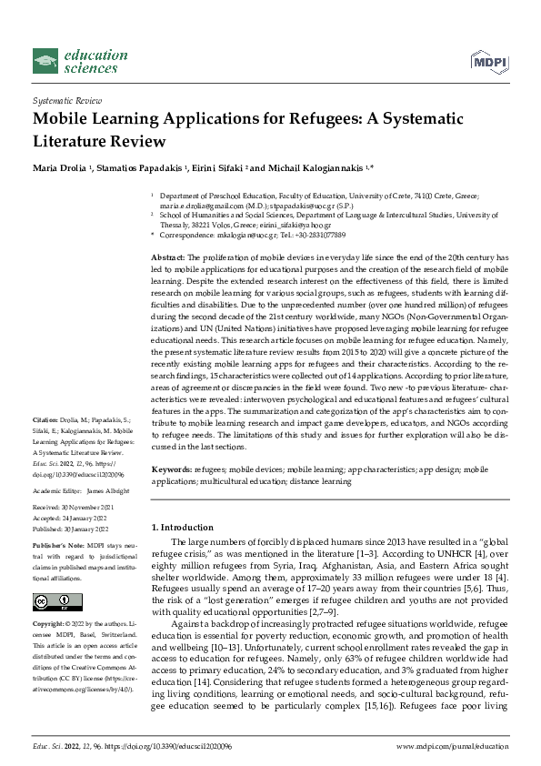Pdf Mobile Learning Applications For Refugees A Systematic Literature Review