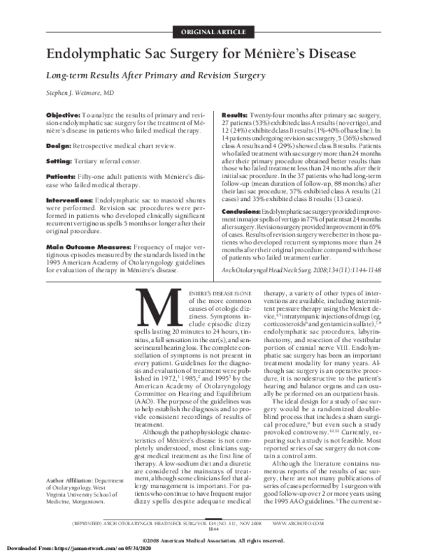 (PDF) Endolymphatic Sac Surgery for Ménière's Disease | Stephen Wetmore ...