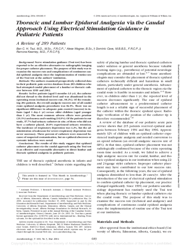(PDF) Thoracic and Lumbar Epidural Analgesia via the Caudal Approach ...