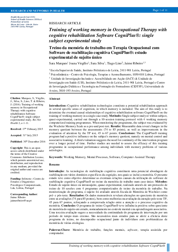 (PDF) Training of working memory in Occupational Therapy with cognitive ...