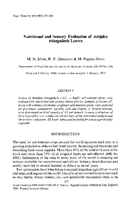 (PDF) Nutritional and sensory evaluation of Atriplex triangularis leaves