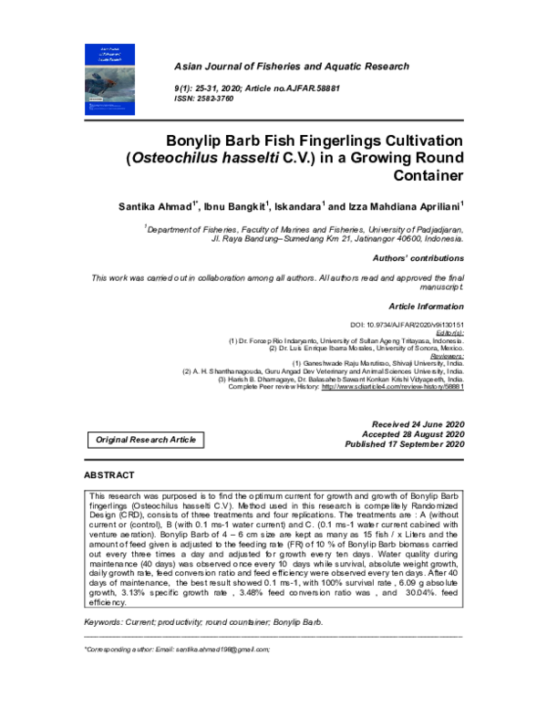(PDF) Bonylip Barb Fish Fingerlings Cultivation (Osteochilus hasselti C ...