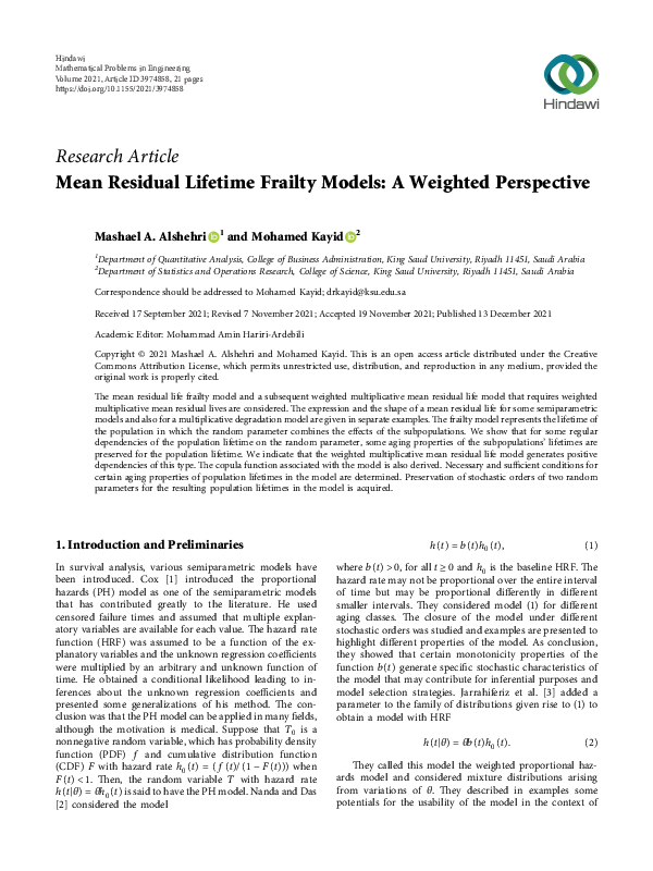 (PDF) Weighted Mean Residual Lifetime Frailty Models and Aging