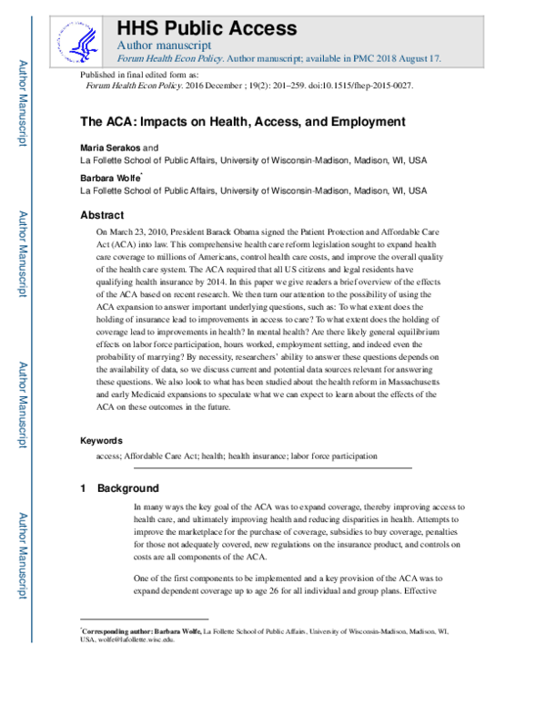 (PDF) The ACA: Impacts on Health, Access, and Employment