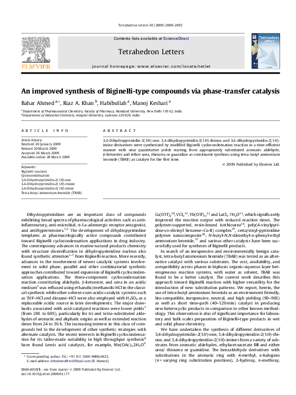(PDF) An improved synthesis of Biginelli-type compounds via phase ...