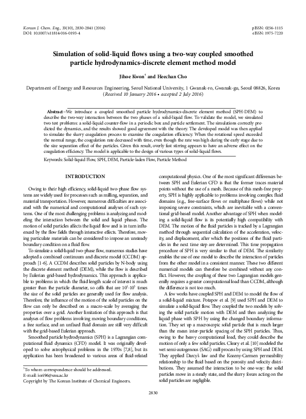 Pdf Simulation Of Solid Liquid Flows Using A Two Way Coupled Smoothed