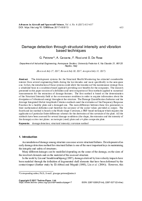 (PDF) Damage detection through structural intensity and vibration based ... (PDF) Damage detection through structural intensity and vibration based ...