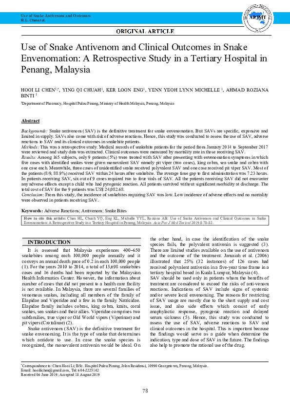 (PDF) Use of Snake Antivenom and Clinical Outcomes in Snake ...