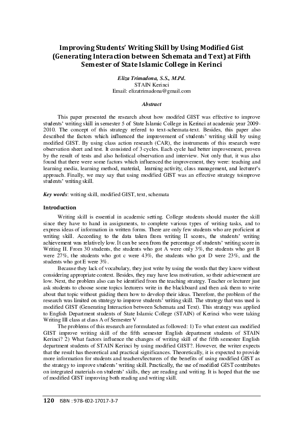 Improving Students' Writing Skill by Using Modified Gist (Generating Interaction between ...