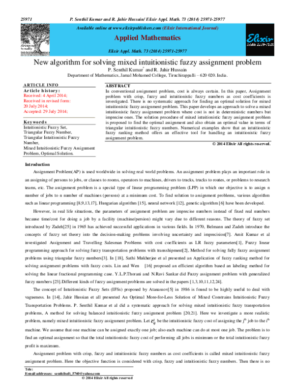 Pdf New Algorithm For Solving Mixed Intuitionistic Fuzzy Assignment Problem Jahir Hussain
